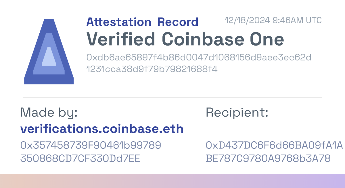Attestation (Verified Coinbase One) - 0xdb6a...688f4